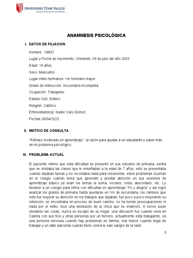 ANAMNESIS PSICOLOGICA | PDF | Aprendizaje | Pesadilla