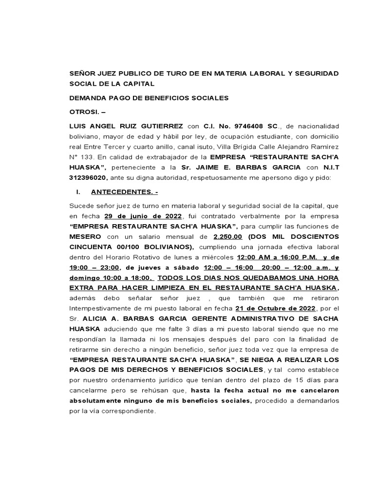 Demanda de Beneficios Sociales Luis Angel | PDF | Derecho laboral | Salario