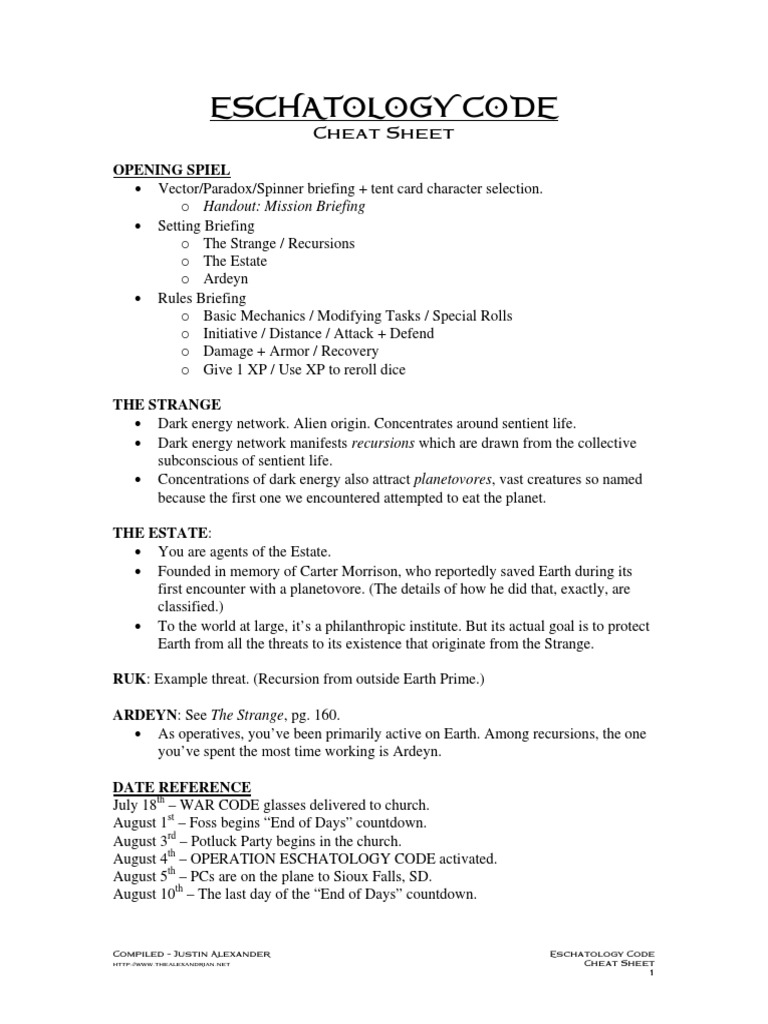 Eschatology Code GM Cheat Sheet | PDF