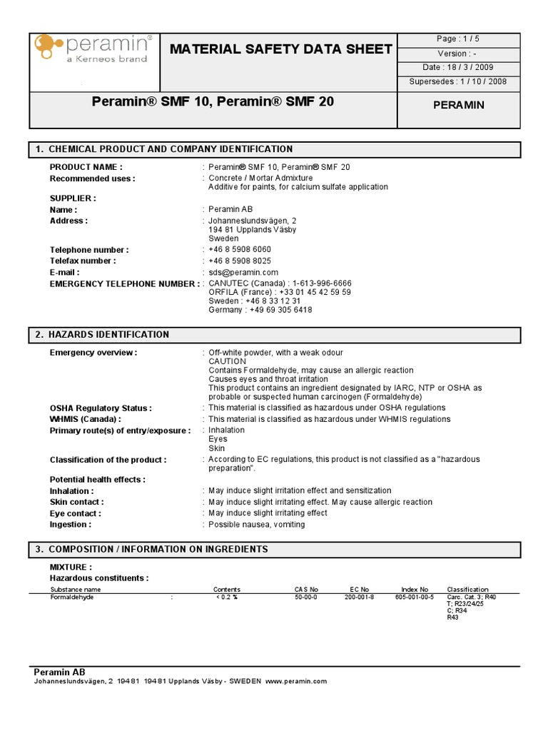 Peramin SMF10 Peramin SMF20 | PDF | Formaldehyde | Toxicity