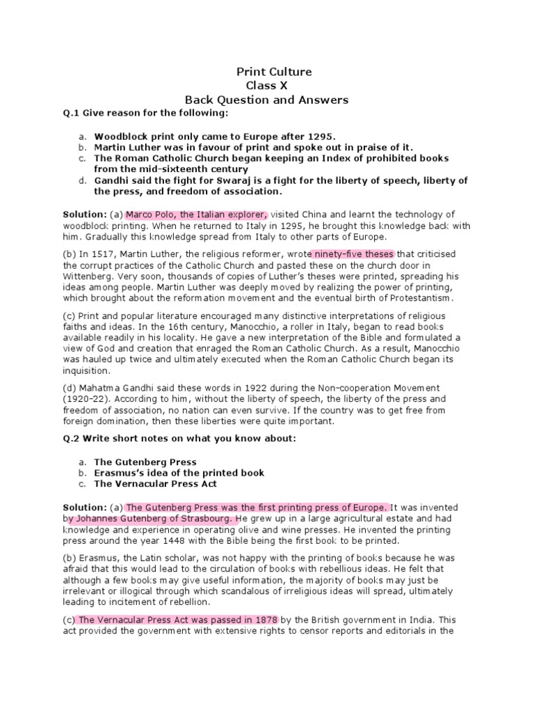 Print Culture - Q and A-1 | PDF | Printing Press | Books