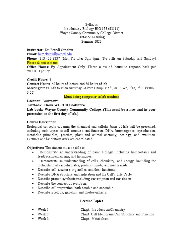 Biology Syllabus Summer Eastern 2023 63111 | PDF | Cell (Biology) | Biology