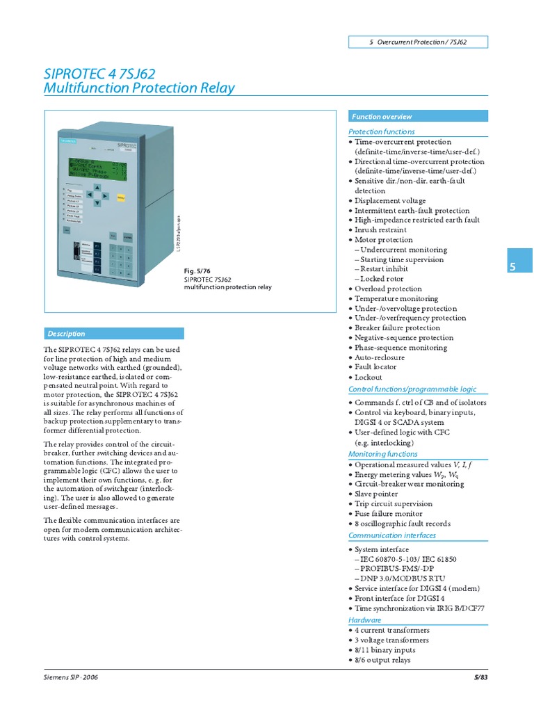 SIPROTEC 4 7SJ62 Multifunction Protection Relay | PDF | Relay ...