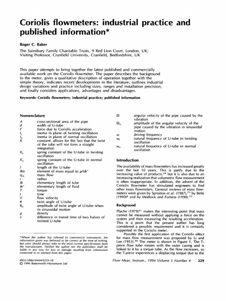 Articulo - Coriolis Flowmeters Industrial Practice and Published Information - Baker1994 | PDF ...