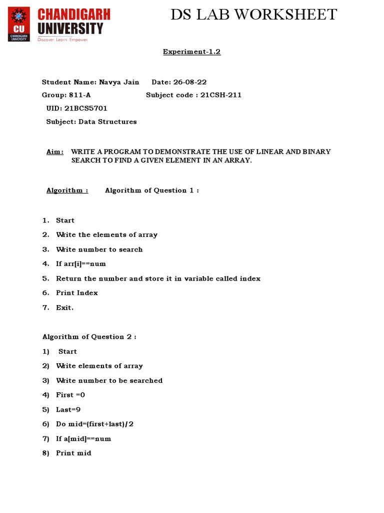 21bcs5701 Navya Jain Dsa 12 Pdf Algorithms And Data Structures Computer Data