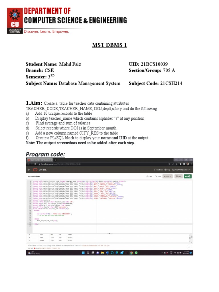 21BCS10039_faiz_ dbms worksheet mst 1 | PDF | Databases | Information Retrieval