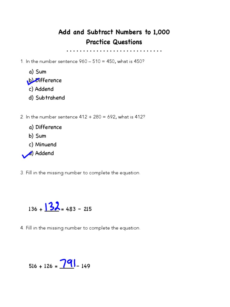 Addition and Subtraction Practice 1,000 | PDF