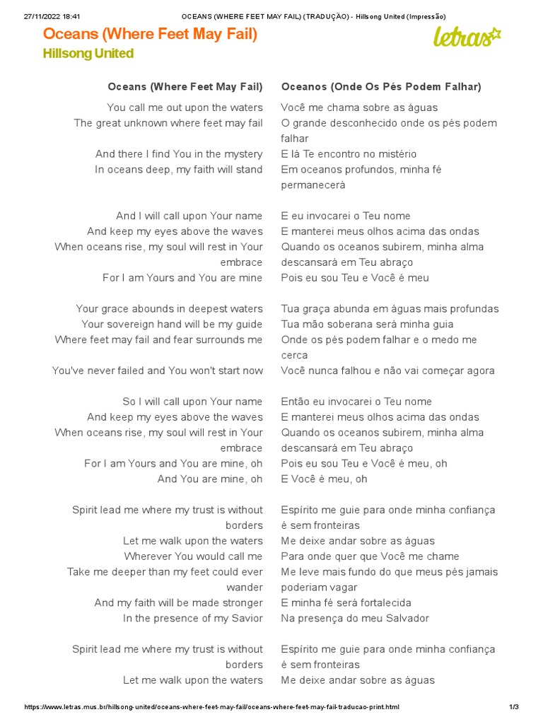 Oceans (Where Feet May Fail) (Tradução) - Hillsong United (Impressão ...