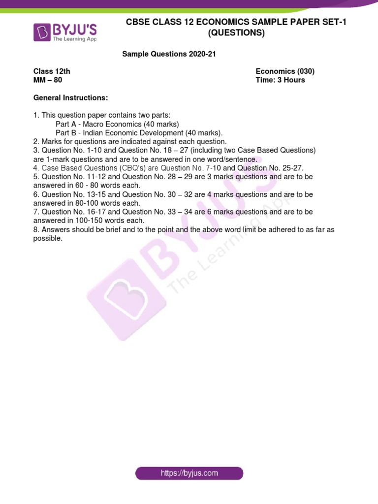 Cbse Class 12 Economics Sample Paper Set 1 Questions | Download Free ...