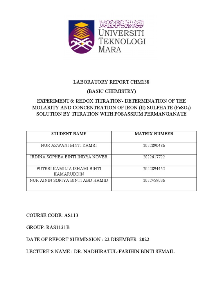 CHM138 Lab 6 | PDF | Redox | Titration