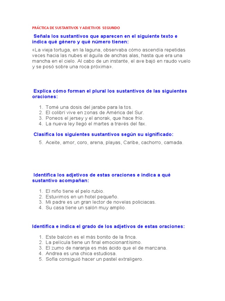 Ejercicios de Sustantivos y Adjetivos 2° | PDF | Adjetivo
