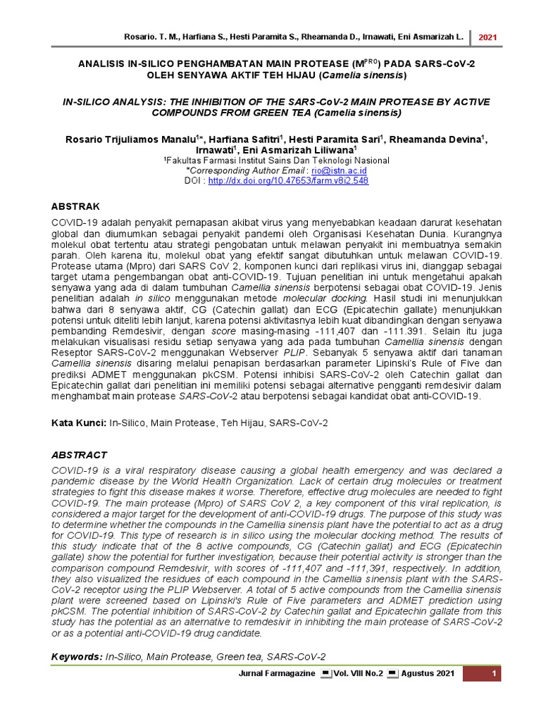ANALISIS IN-SILICO PENGHAMBATAN MAIN PROTEASE (MPRO) PADA SARS-CoV-2 OLEH SENYAWA AKTIF TEH ...