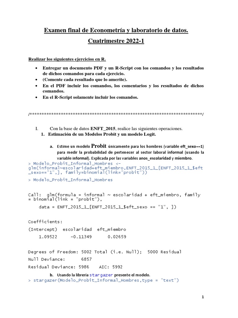 Examen Final - Parte Práctica Econometría Reyna N | PDF | Regresión logística | Econometría