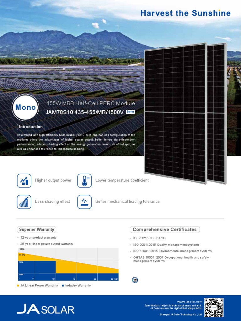 JA Solar 455W Half-Cell Module Specs | PDF | Solar Panel | Electrical ...