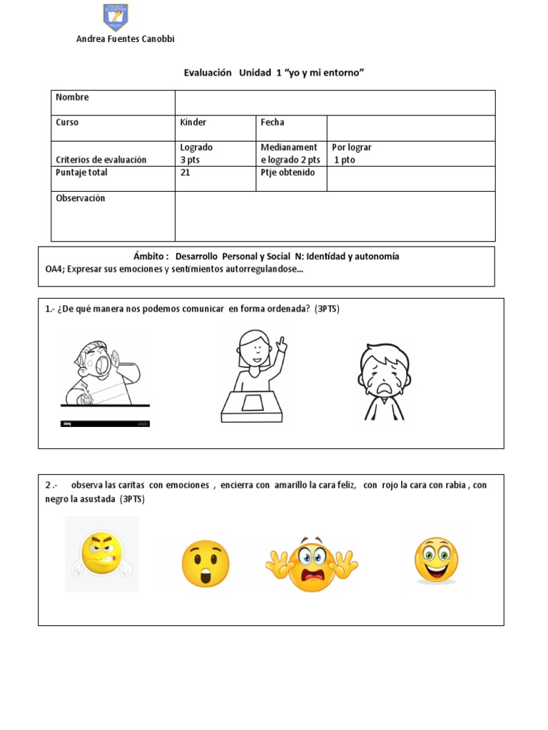 Evaluación Unidad 1 Yo y Mi Entorno Kinder | PDF | Comunicación