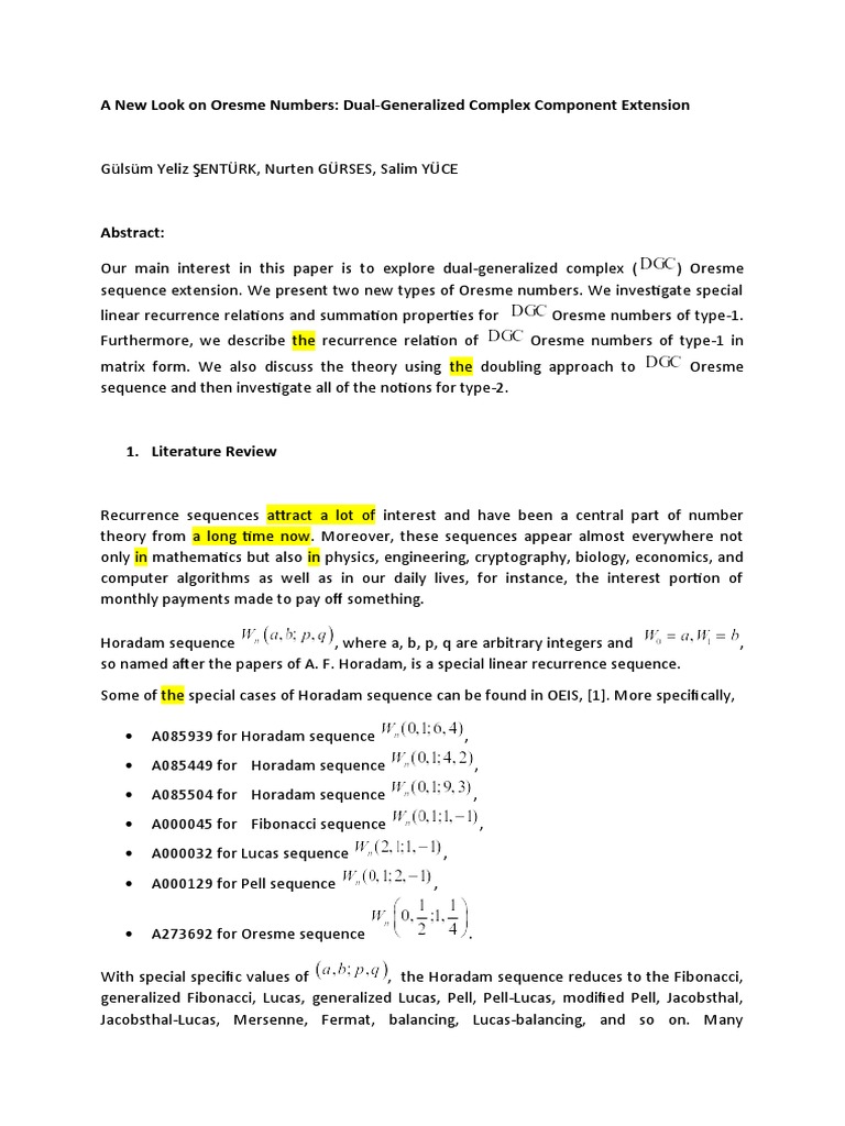 A New Look On Oresme Numbers Dual-Generalized Complex Component Extensio-EDITED... | PDF ...