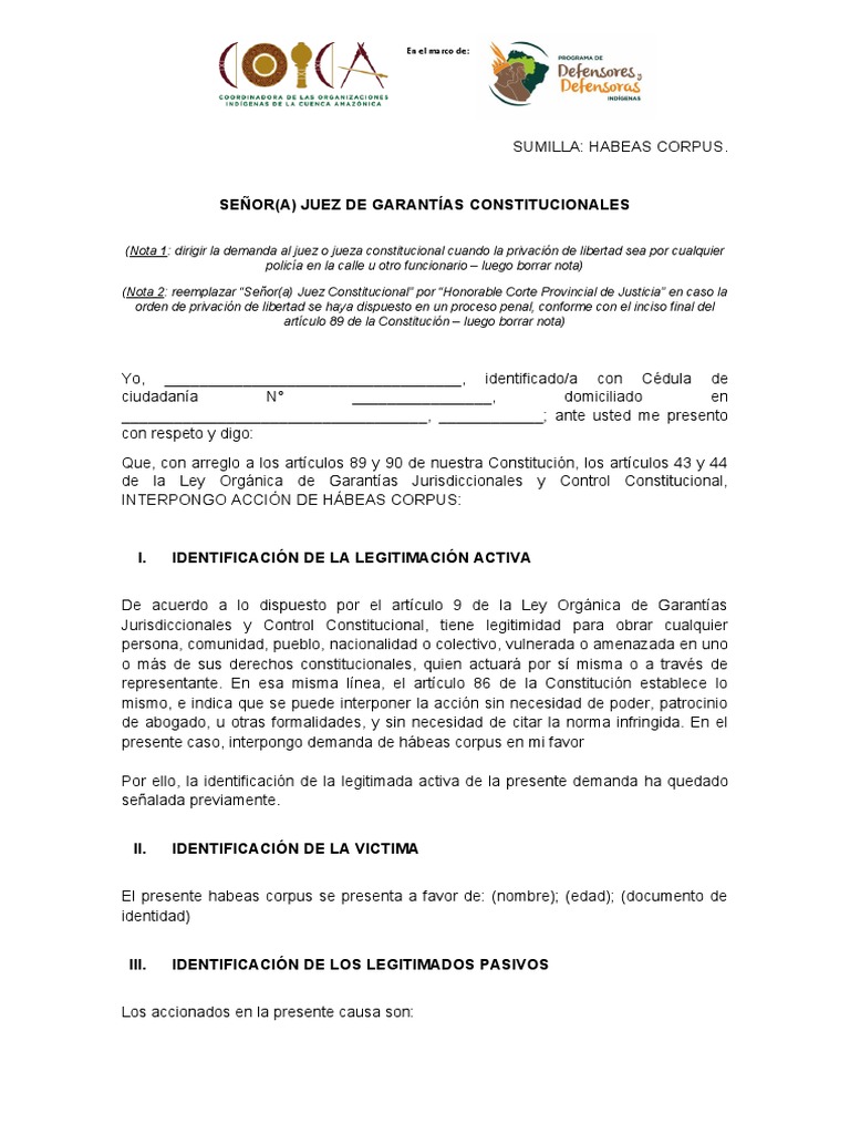 Modelo Habeas Corpus Ecuador PDDD | PDF | Habeas corpus | Principios éticos