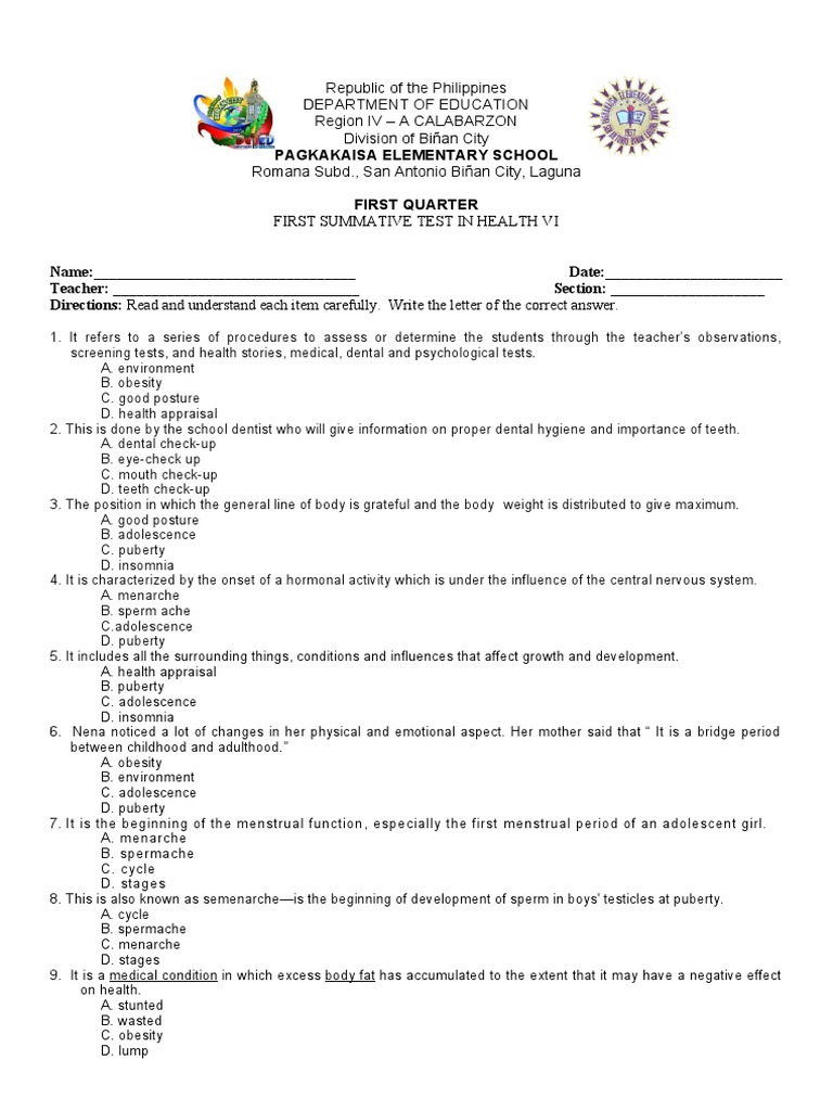 Q1-Health-Simmative Test 1 | PDF | Puberty | Obesity