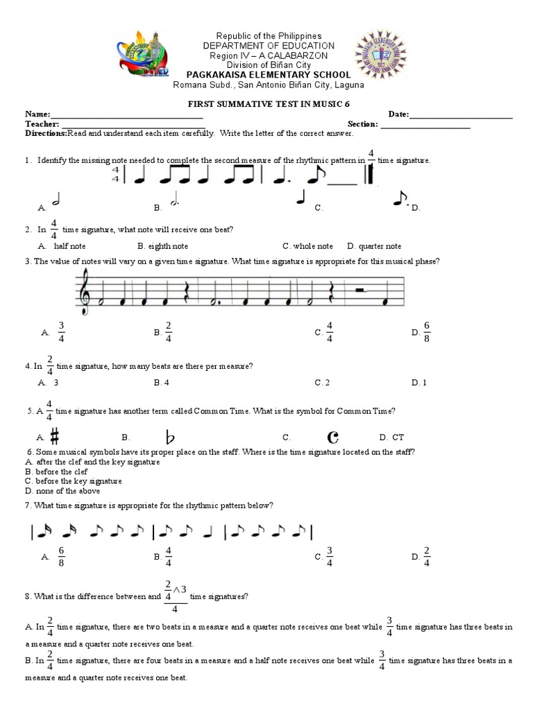 Q1-Music-Summative Test | PDF | Rhythm | Musical Notation