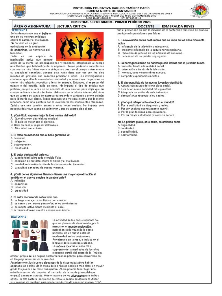 Explicacion Bimestral p1 Lect 6 2023 | PDF | Bailes | Moda