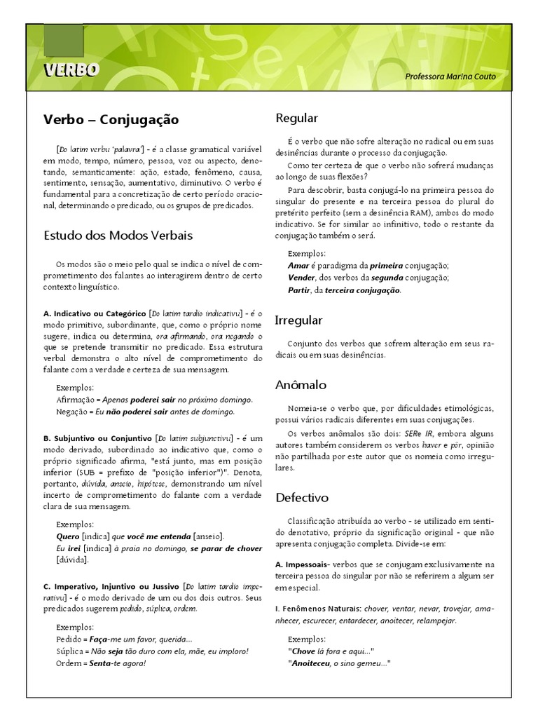 Resumo De Verbo Pdf Assunto Gramática Linguística