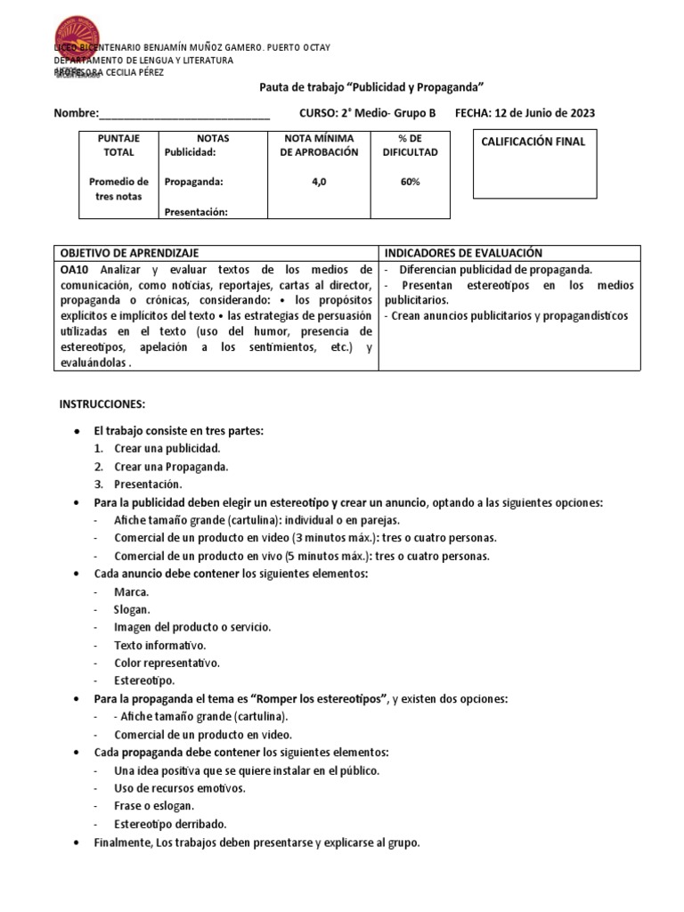 Pauta de Trabajo | PDF | Publicidad | Propaganda