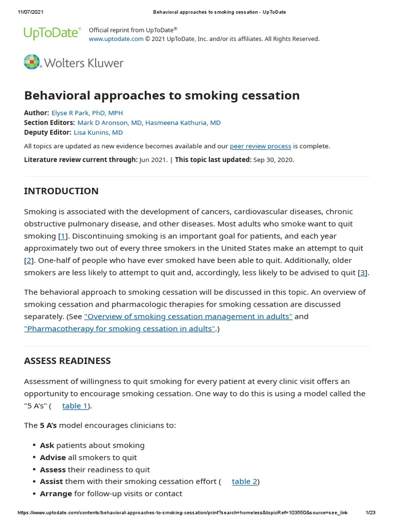 Behavioral Approaches To Smoking Cessation - UpToDate | PDF | Smoking ...