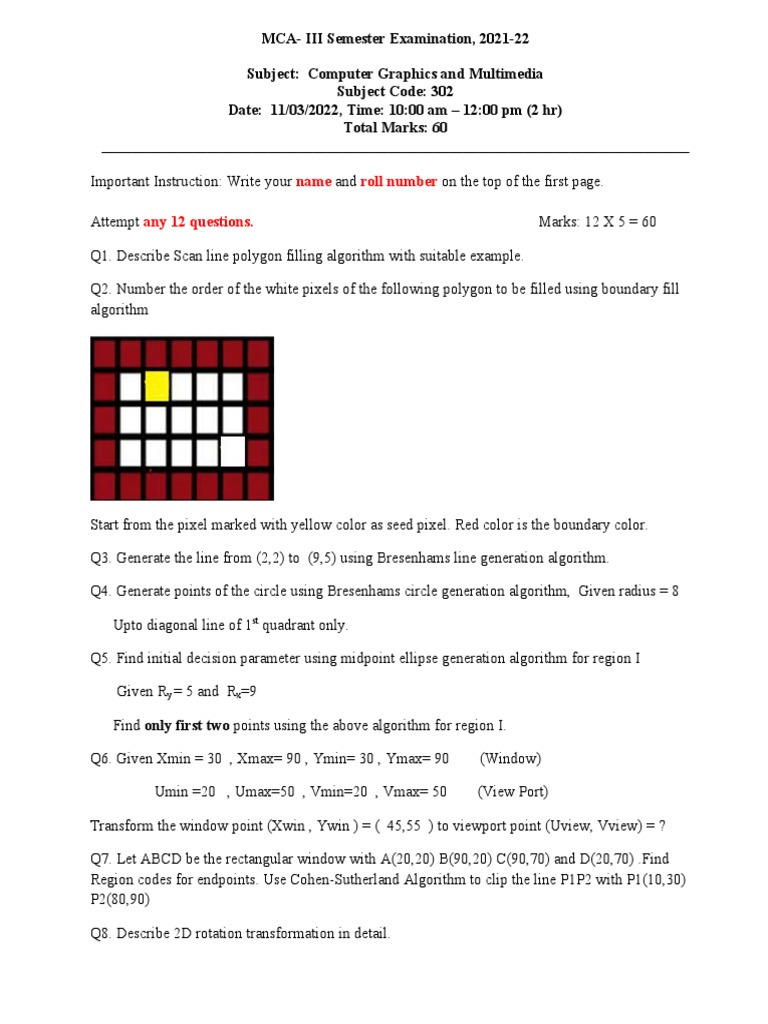 Question1 Mca Iii Computer Graphis Endsem 2021 22 (11 03 22) | PDF | Graphics | Computer Vision