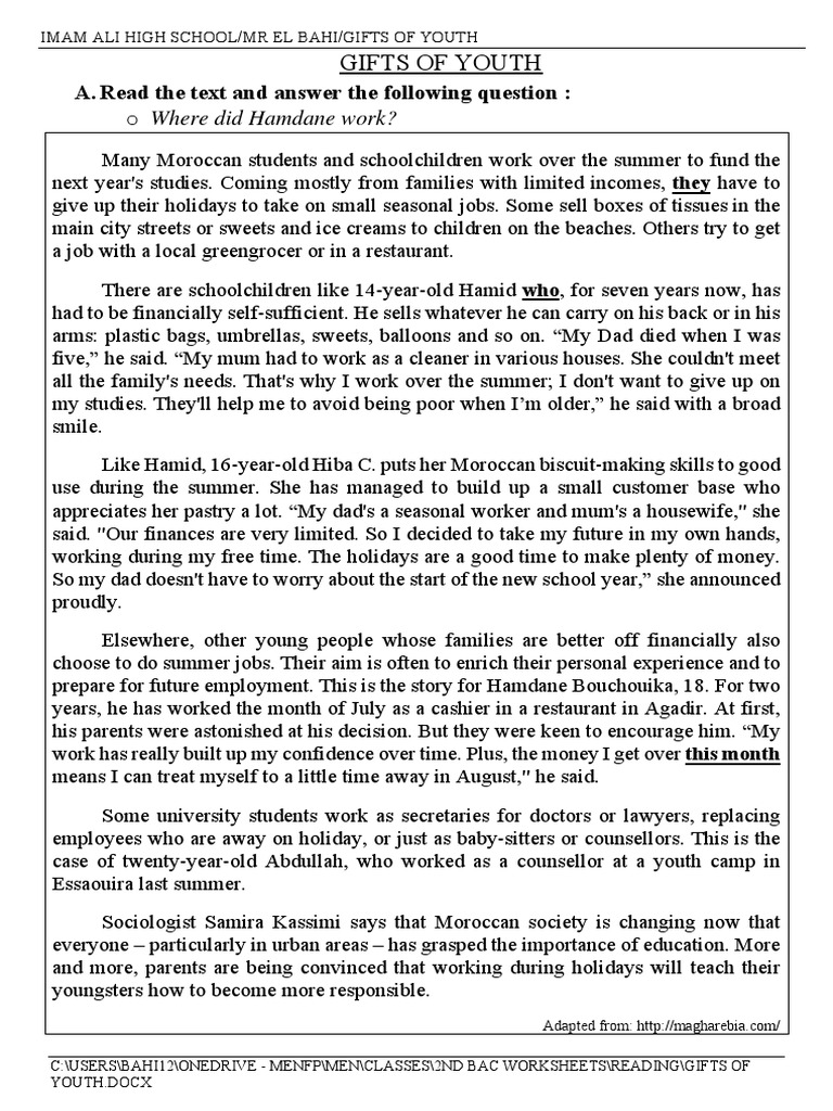 Reading Comprehension - Gifts of Youth | PDF