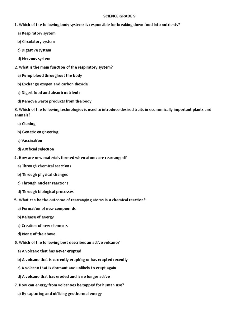 Grade 9 Science Review Questions | PDF | Volcano | Digestion
