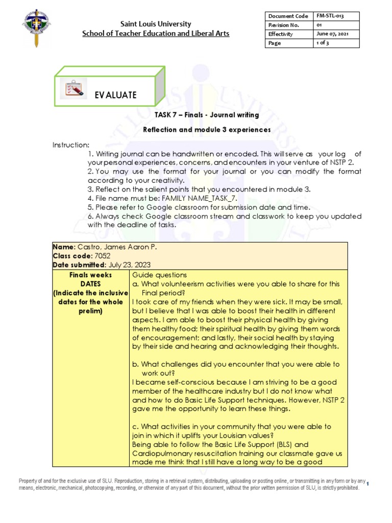 Module 3-Evaluate-Task 6 - Final Journal Writing | Download Free PDF ...