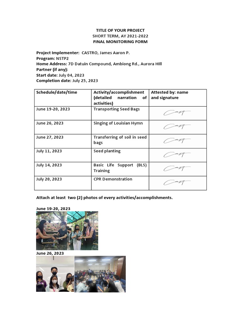 NSTP 2 - Final Monitoring Form | PDF