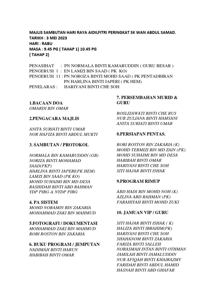 Majlis Sambutan Hari Raya Aidilfitri Peringkat SK Wan Abdul Samad | PDF