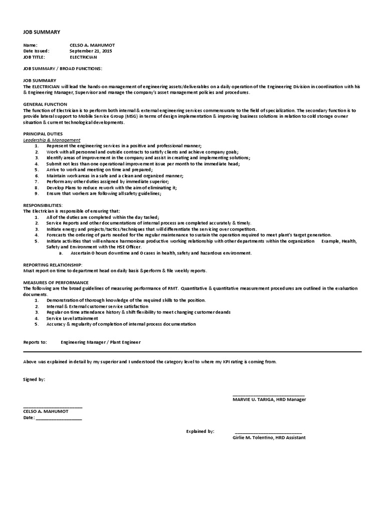 Electrician Job Summary and Duties | PDF | Electrician | Engineering