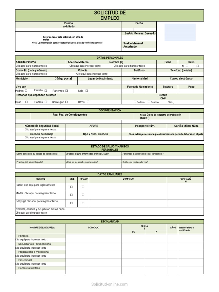 Formulario Completo de Solicitud de Empleo | PDF