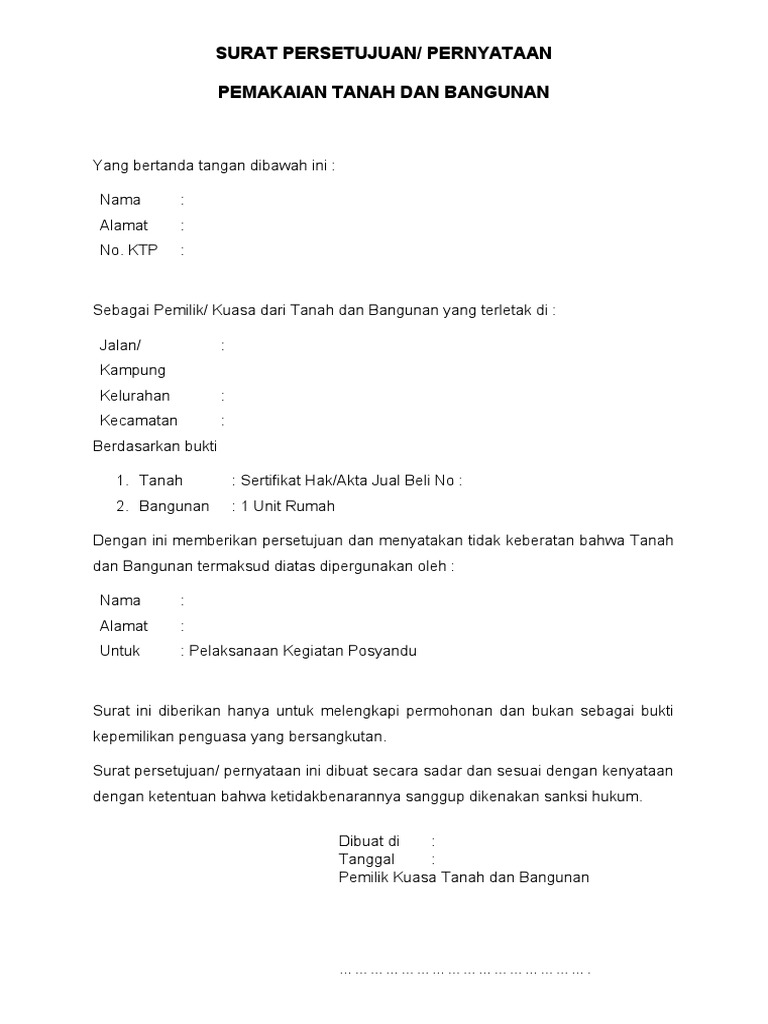 Surat Persetujuan Pemakaian Bangunan Posyandu | PDF