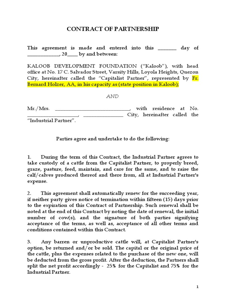 Contract of Partnership - Cattle Raising Project | PDF | Cattle ...