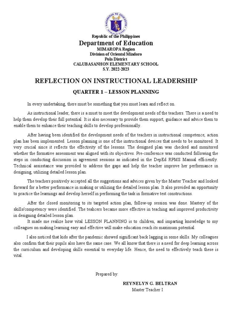 Reflection On Instructional Leadership | PDF | Teachers | Lesson Plan