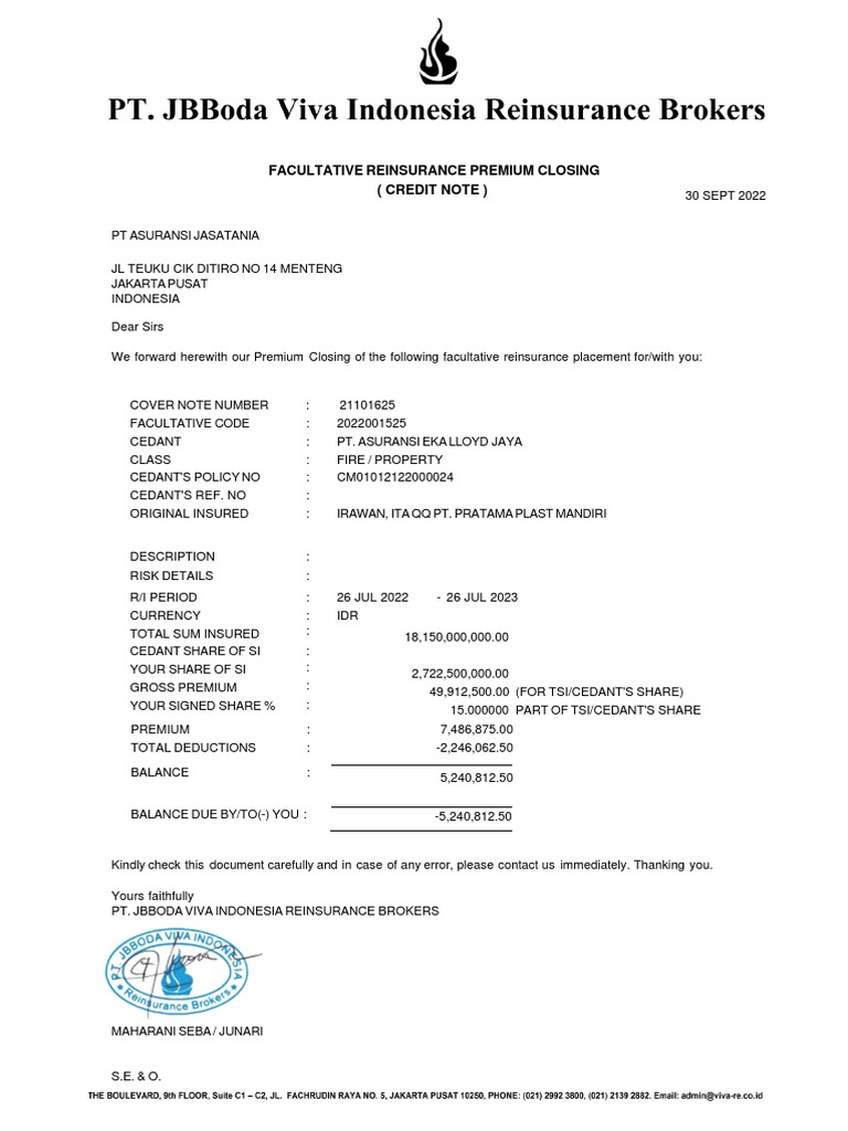 CN & Slip Irawan, Ita Oq Pt. Pratama Plast Mandri | PDF | Reinsurance ...