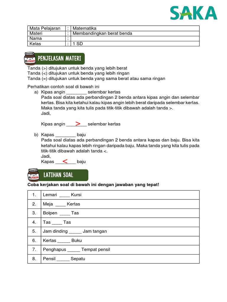 Worksheet Membandingkan Berat Benda | PDF