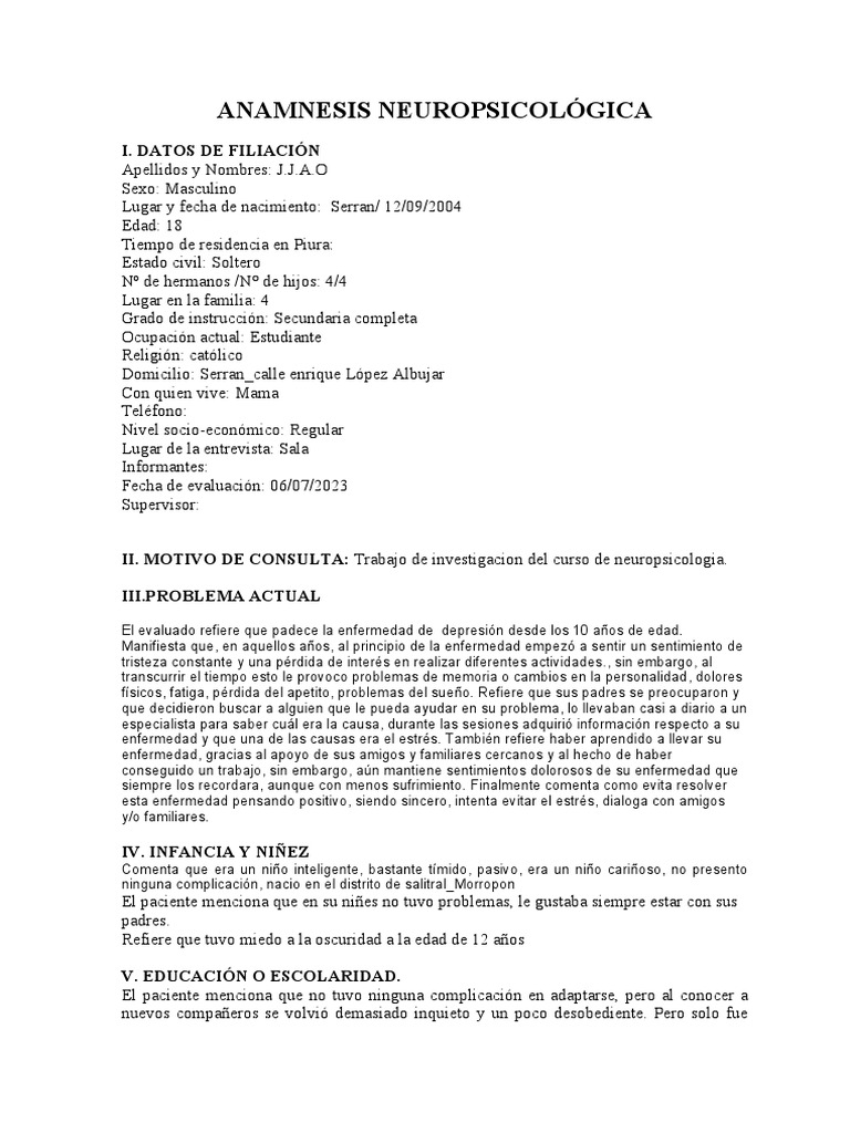 Modelo de Anamnesis Neuropsicológica | PDF | Neurología | Depresión ...