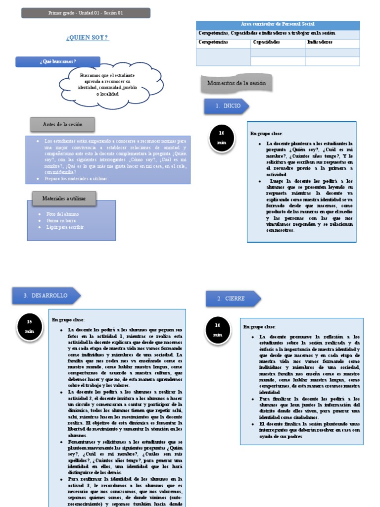 SESION DE APRENDIZAJE - P.S. - Quien Soy - SESION 1 - UNIDAD 01 | PDF SESION DE APRENDIZAJE - P.S. - Quien Soy - SESION 1 - UNIDAD 01 | PDF