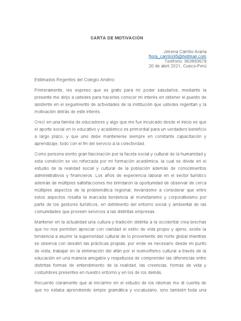 CARTA DE MOTIVACIÓN-Jimena Carrillo.corección edward | PDF
