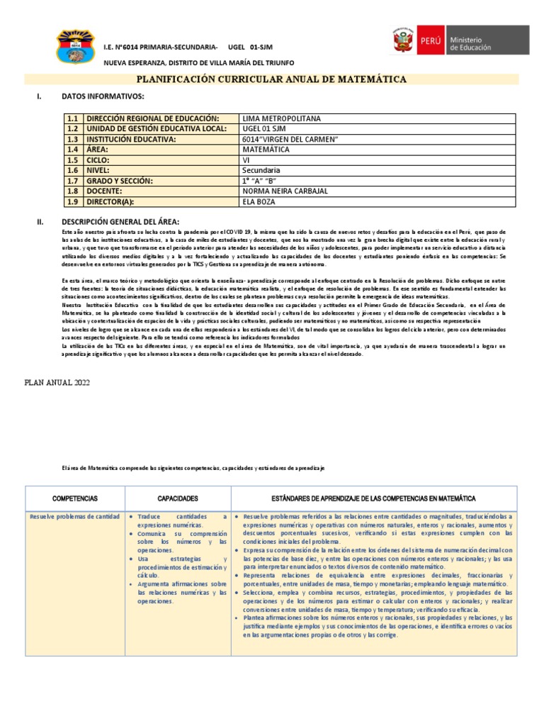 Plan Anual Matemática 1°sec | PDF | Números | Ecuaciones