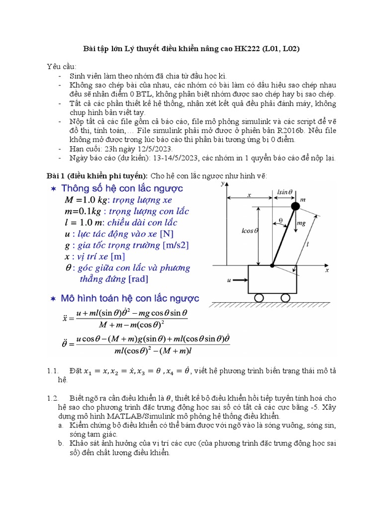 Bài Tập Lớn Lý Thuyết Điều Khiển Nâng Cao HK222 | PDF