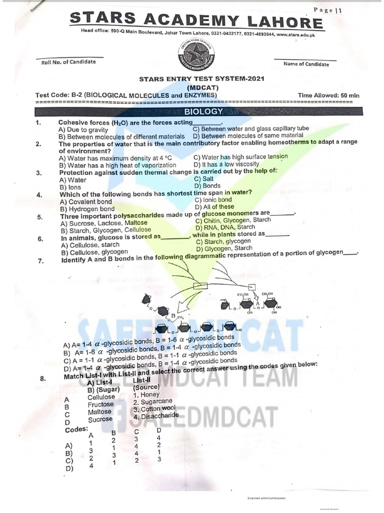 Stars Academy Test Session B2 Biological Molecules and Enzymes ...