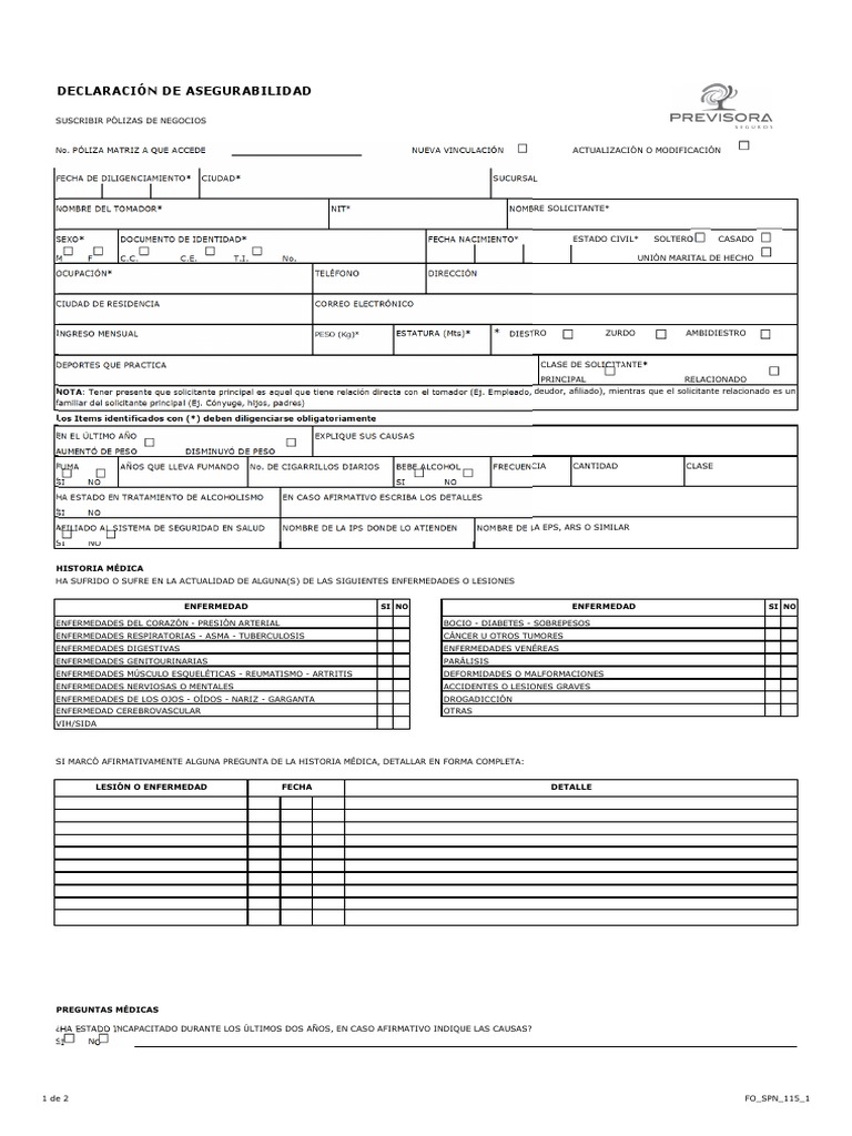 Formato Declaración de Asegurabilidad 2023 | PDF | Seguro | Enfermedades y trastornos
