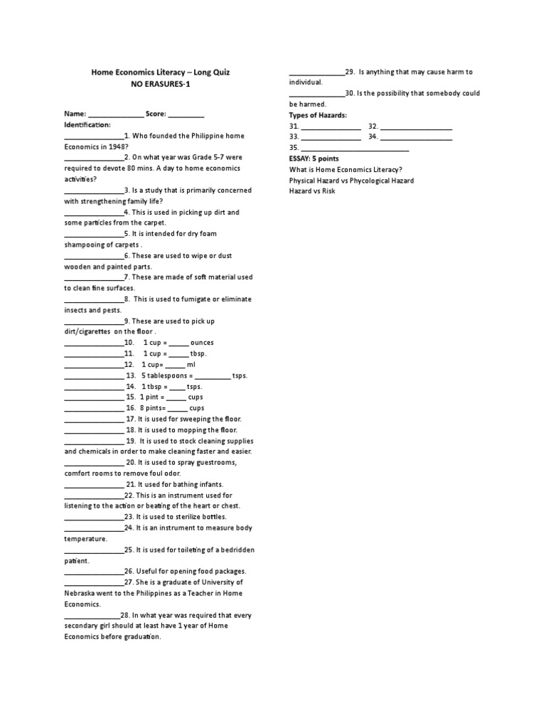 Home Economics Literacy | PDF | Materials