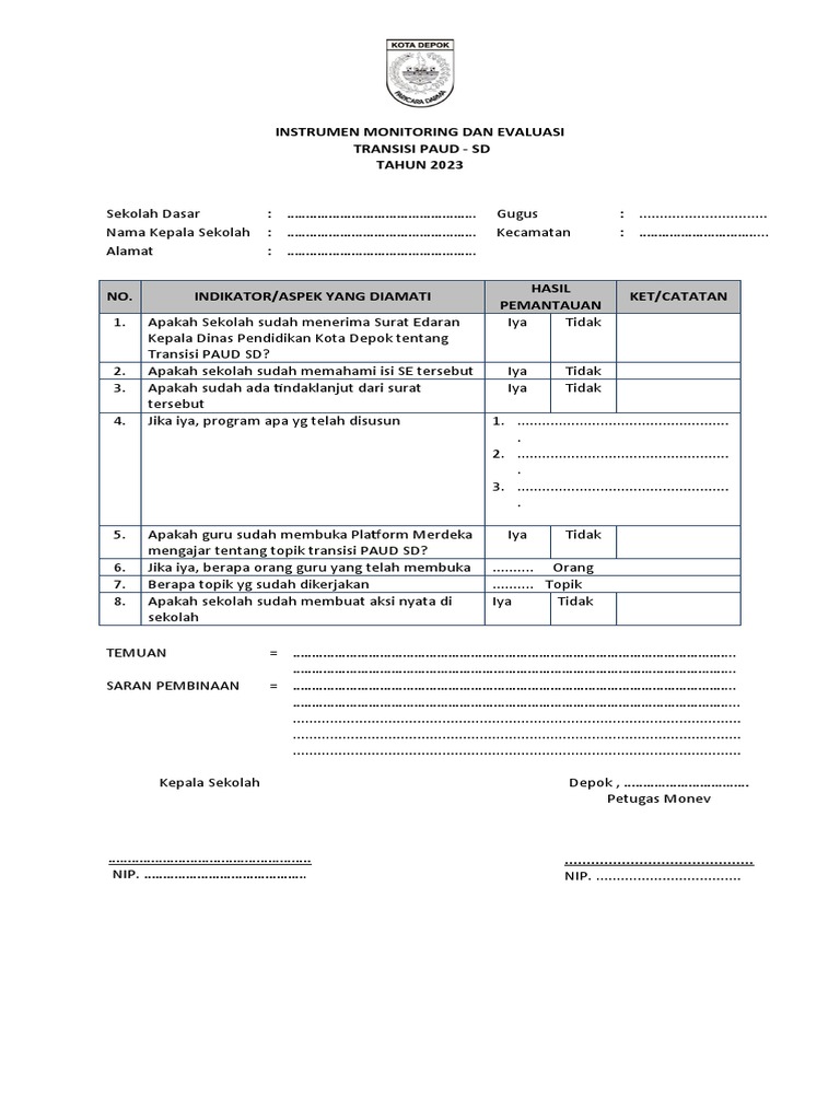 Instrumen Transisi Paud-Sd 2023 | PDF