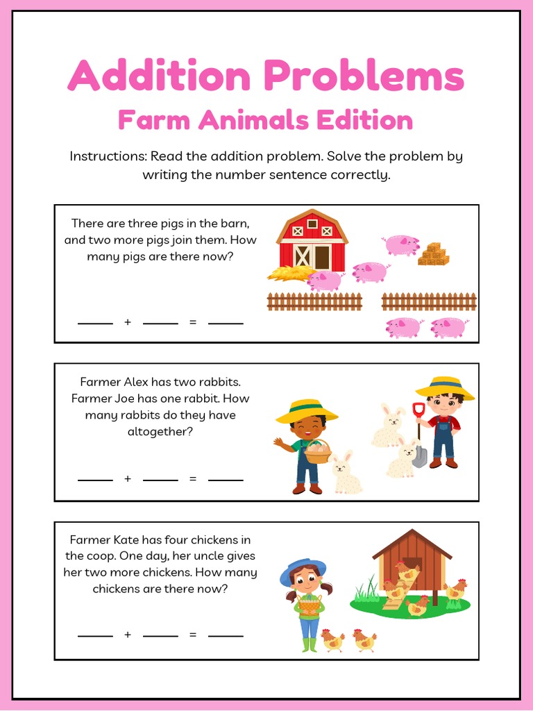 Brown Colorful Farm Animals Addition Problems Math Worksheet (1) | PDF